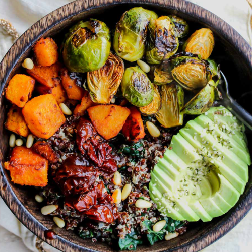 Quinoa Power Bowls with Maple Chipotle Brussels and Smoky Butternut Squash